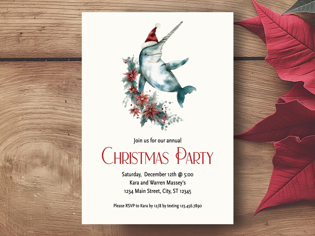 Narwhal Christmas Party Invitation Digital Editable Template, Print at ...