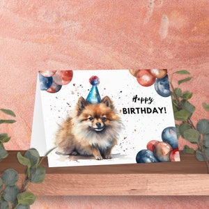 Pomeranian Birthday Card, Happy Birthday Party Hat and Balloons ...