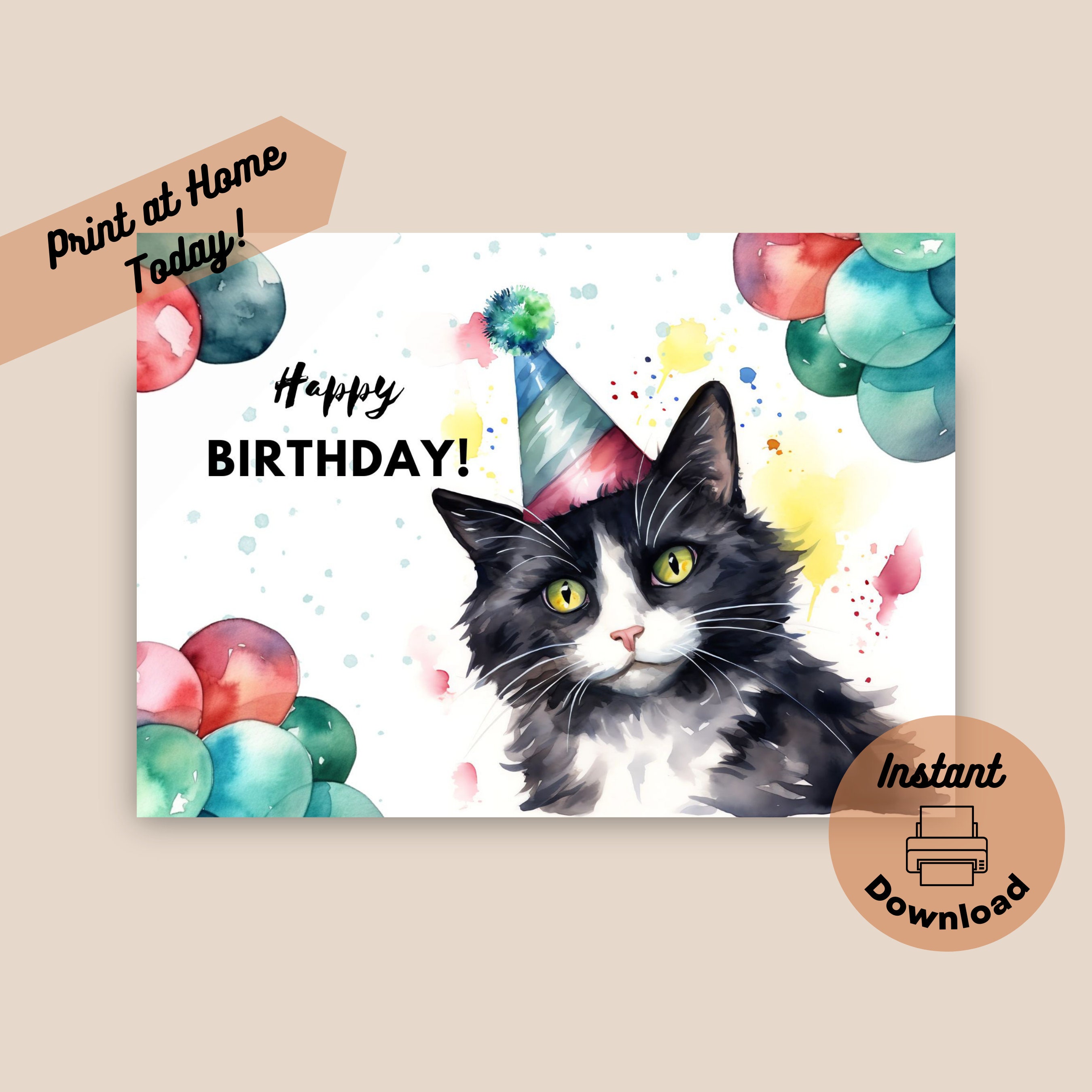 Printable Cat Birthday Card Instant Download Print at Home - Etsy