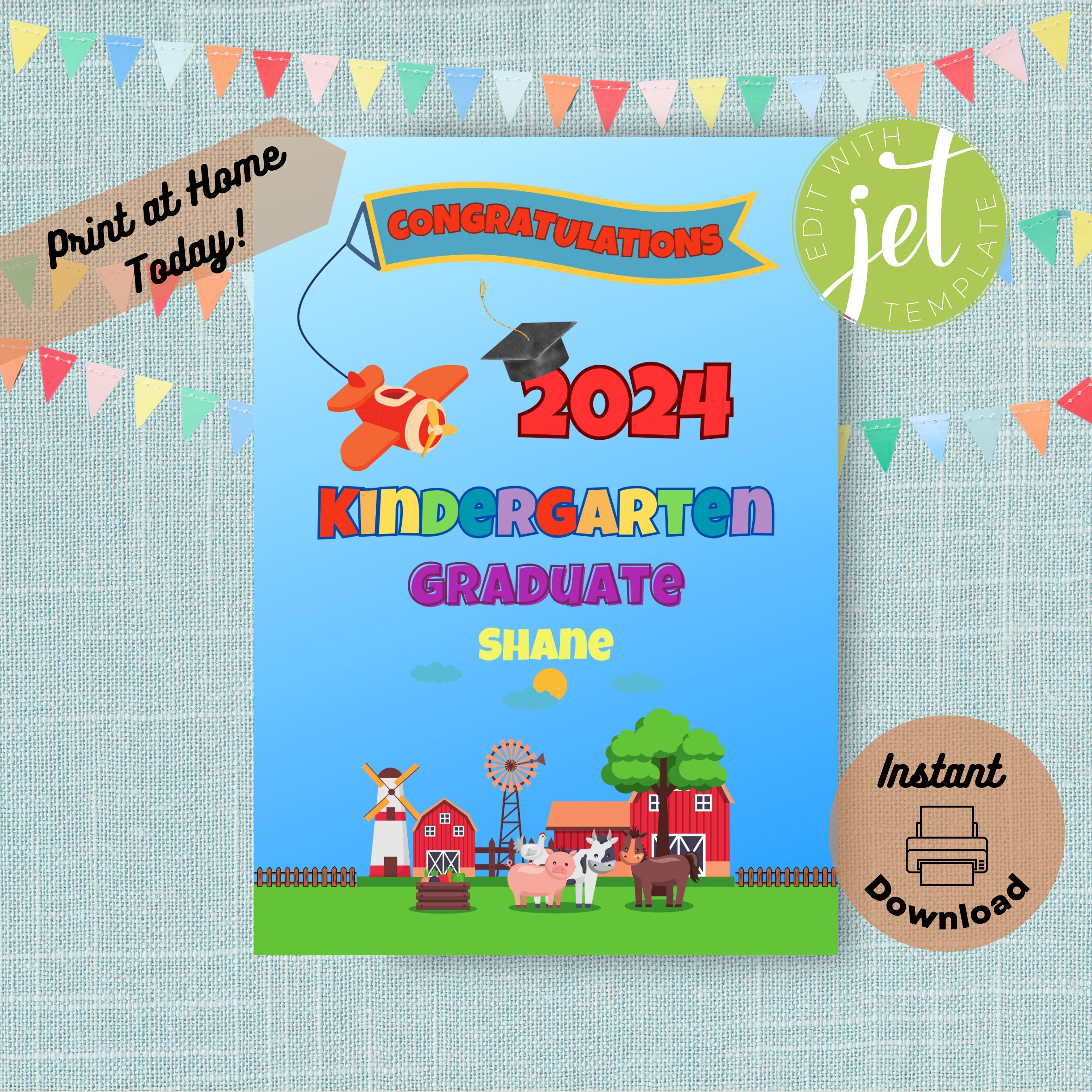 Printable Kindergarten Graduation Card, Print at Home Editable Template ...