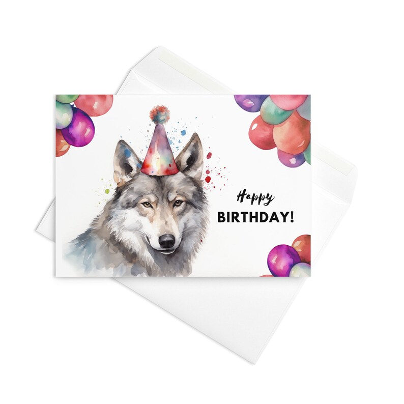 Wolf Birthday Card With Gray Wolf Portrait and Party Balloons A Unique ...