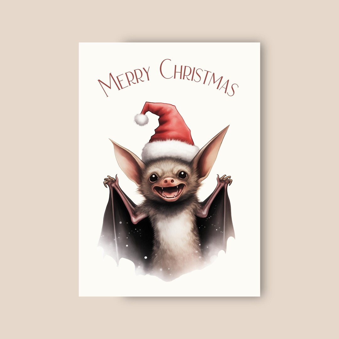 Bat Christmas Card, Cute Scary Christmas Bat Wearing A Santa Hat, Snowy ...