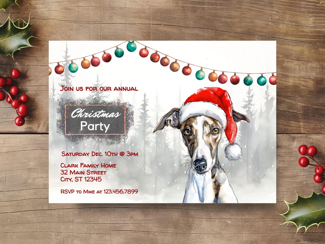 Whippet Christmas Party Invitation, Digital Editable Template, Print at ...