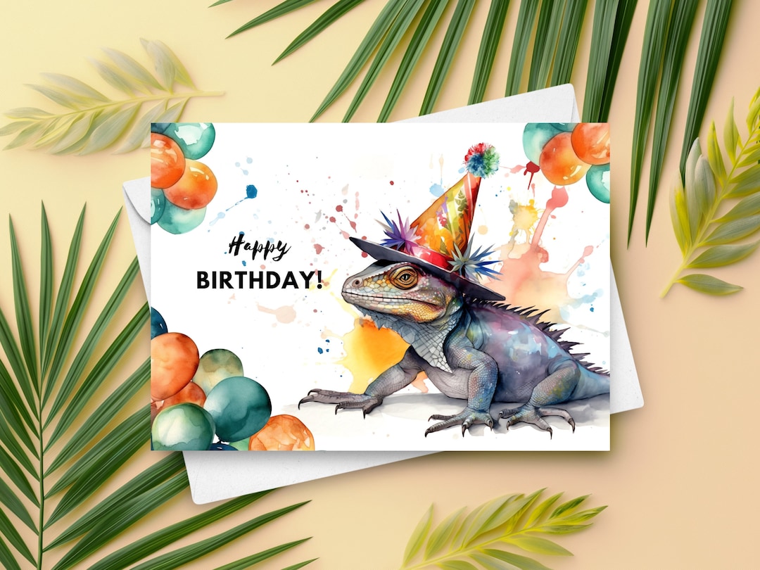 Iguana Birthday Card With Party Hat, Happy Birthday, Colorful Lizard ...