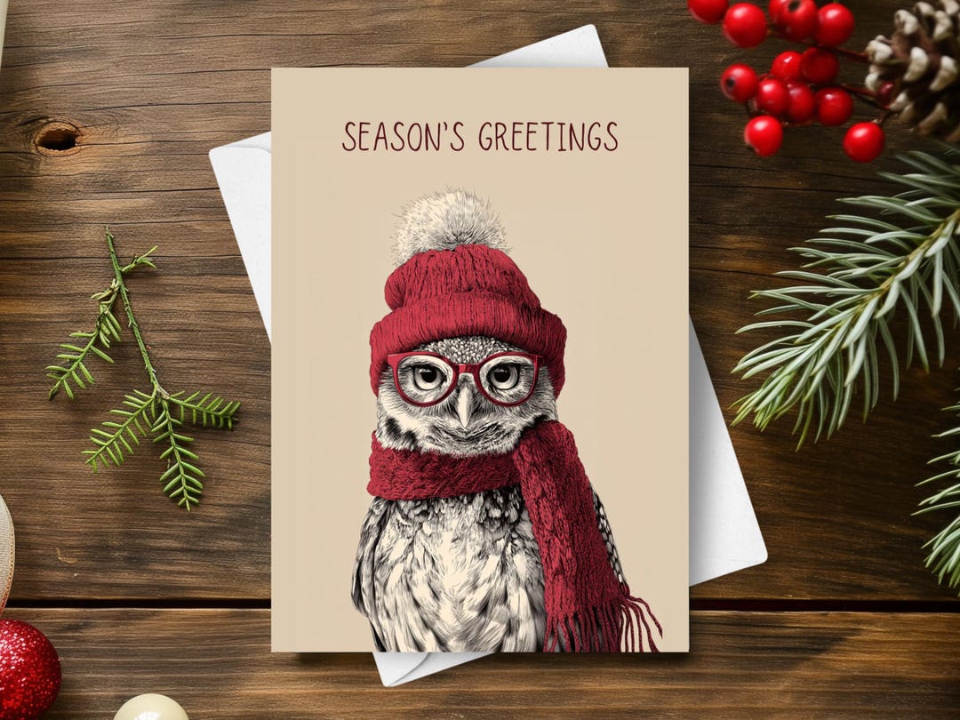 Hipster Owl Holiday Card Season's Greetings Christmas Card With Red ...