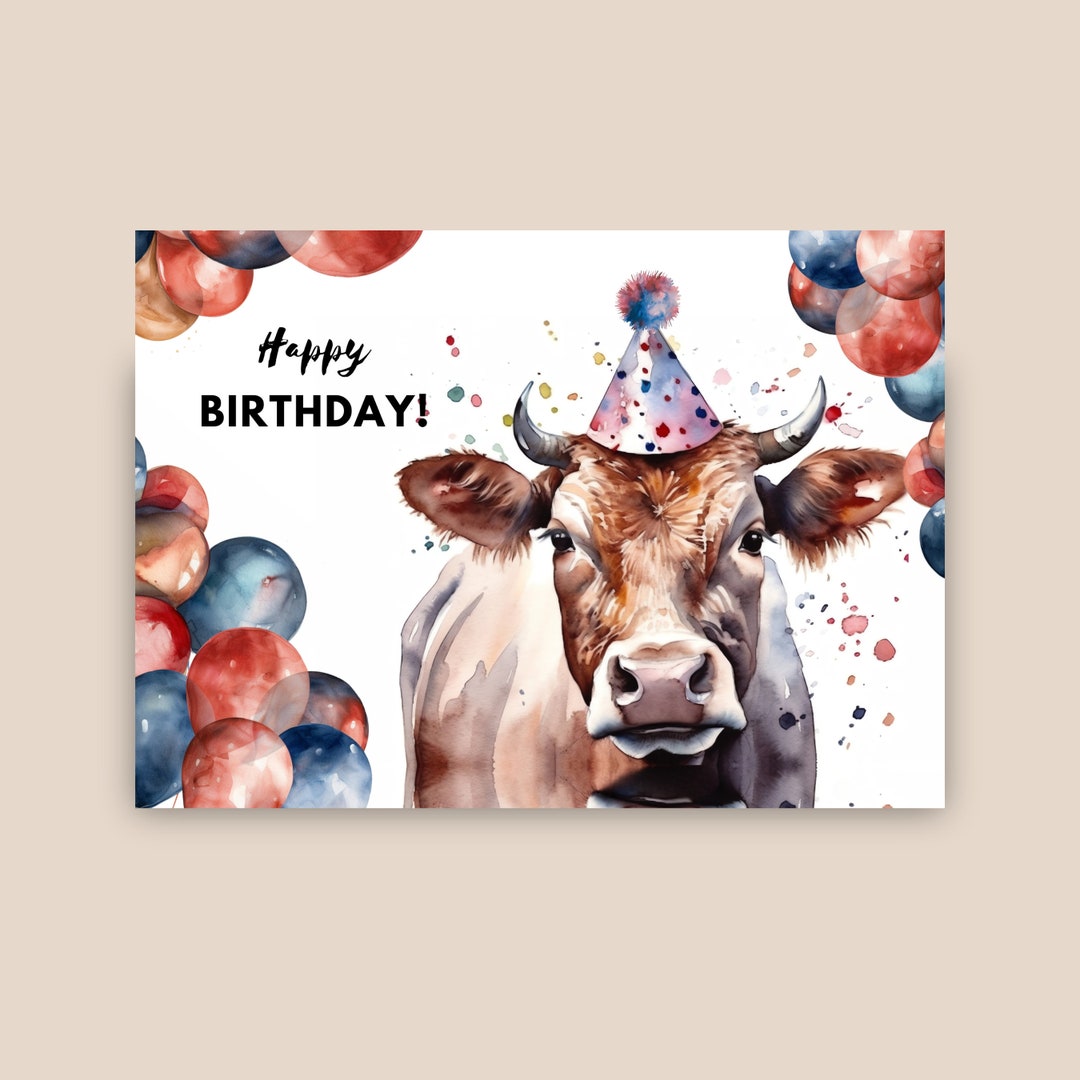 Cow Birthday Card Wearing Party Hat and Balloons, Farm Birthday Themed ...