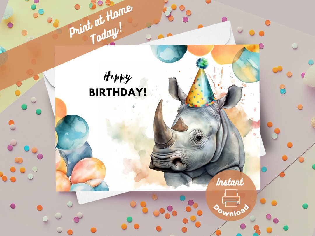 Printable Rhino Birthday Card, Instant Download, Print at Home Card ...