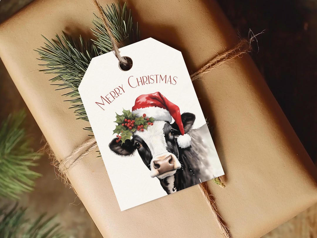Printable Cow Christmas Gift Tag, Instant Download Print at Home Merry ...