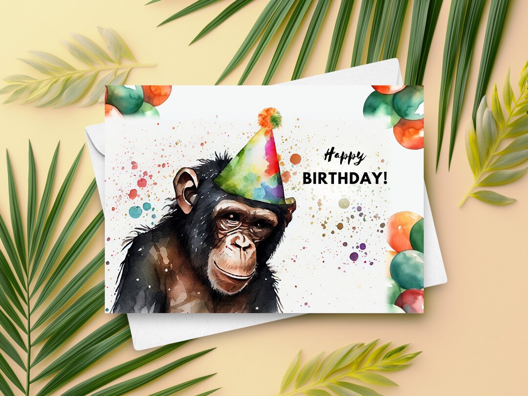 Chimpanzee Birthday Card With Party Hat, Happy Birthday, Monkey Chimp ...