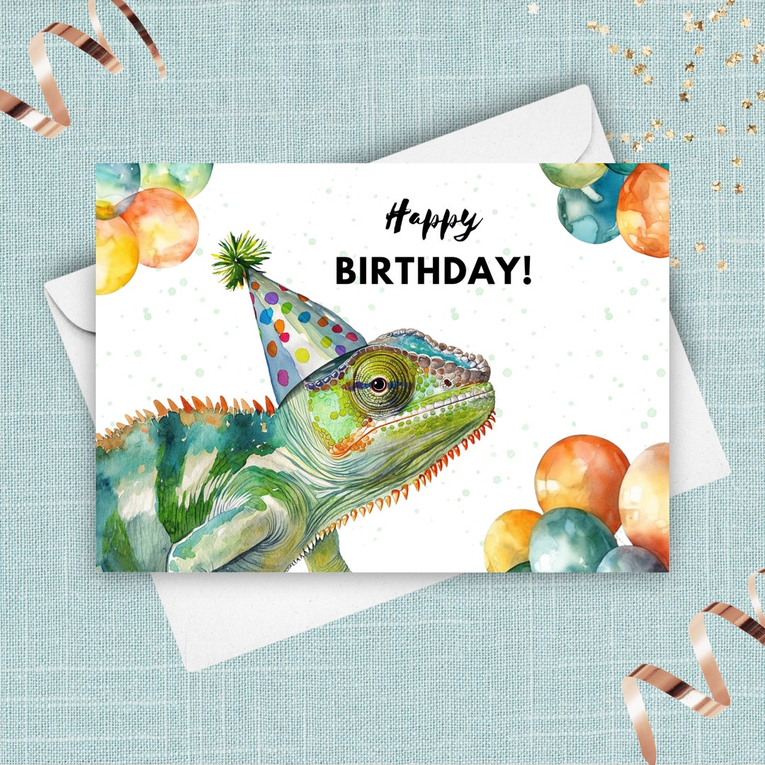 Chameleon Birthday Card, Happy Birthday Party Hat Greeting, Lizard Gift ...