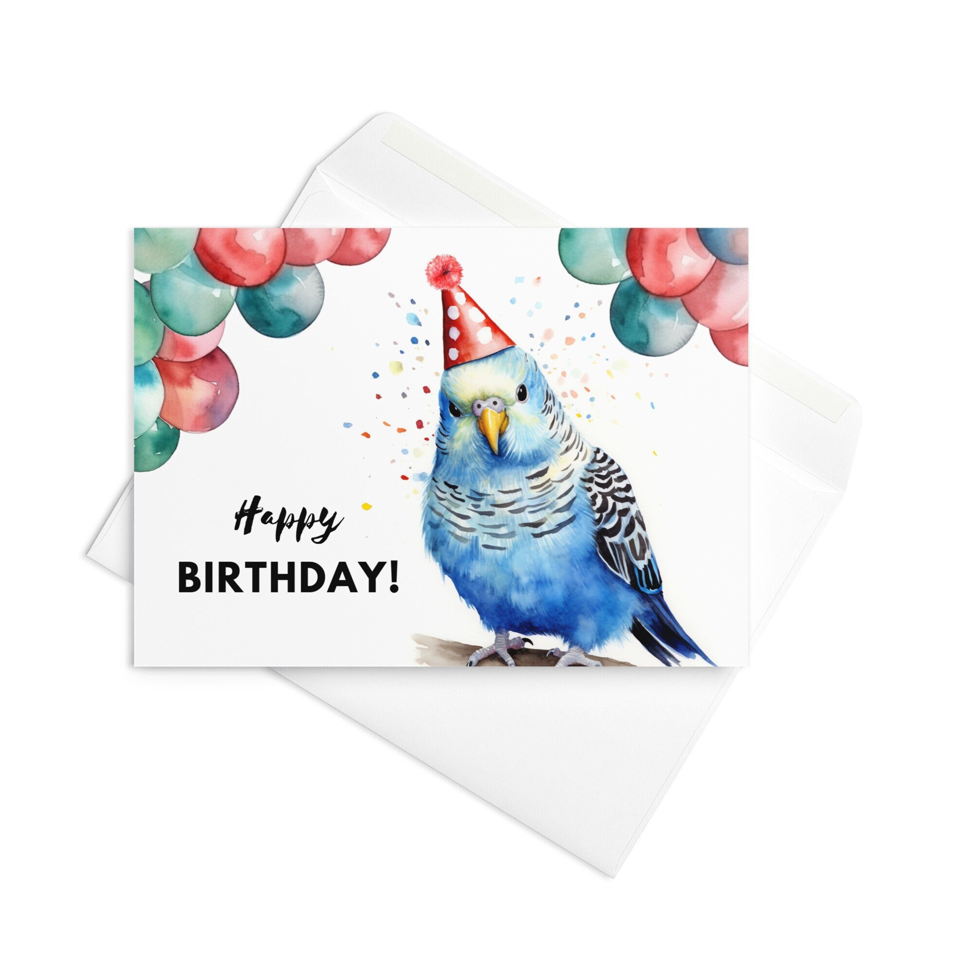 Parakeet Birthday Card, Party Hat and Balloons, Blue Budgie Gift, Pet ...