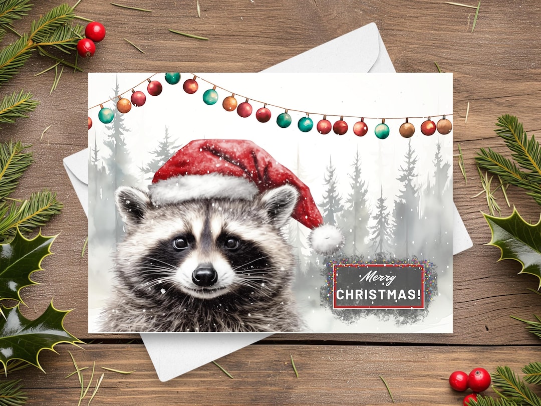 Raccoon Christmas Card, Funny Santa Hat, Merry Christmas Raccoon Gift ...