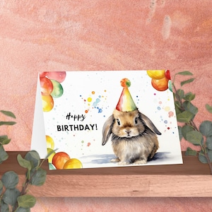 Rabbit Birthday Card, Happy Birthday Party Hat and Balloons, Mini Lop ...
