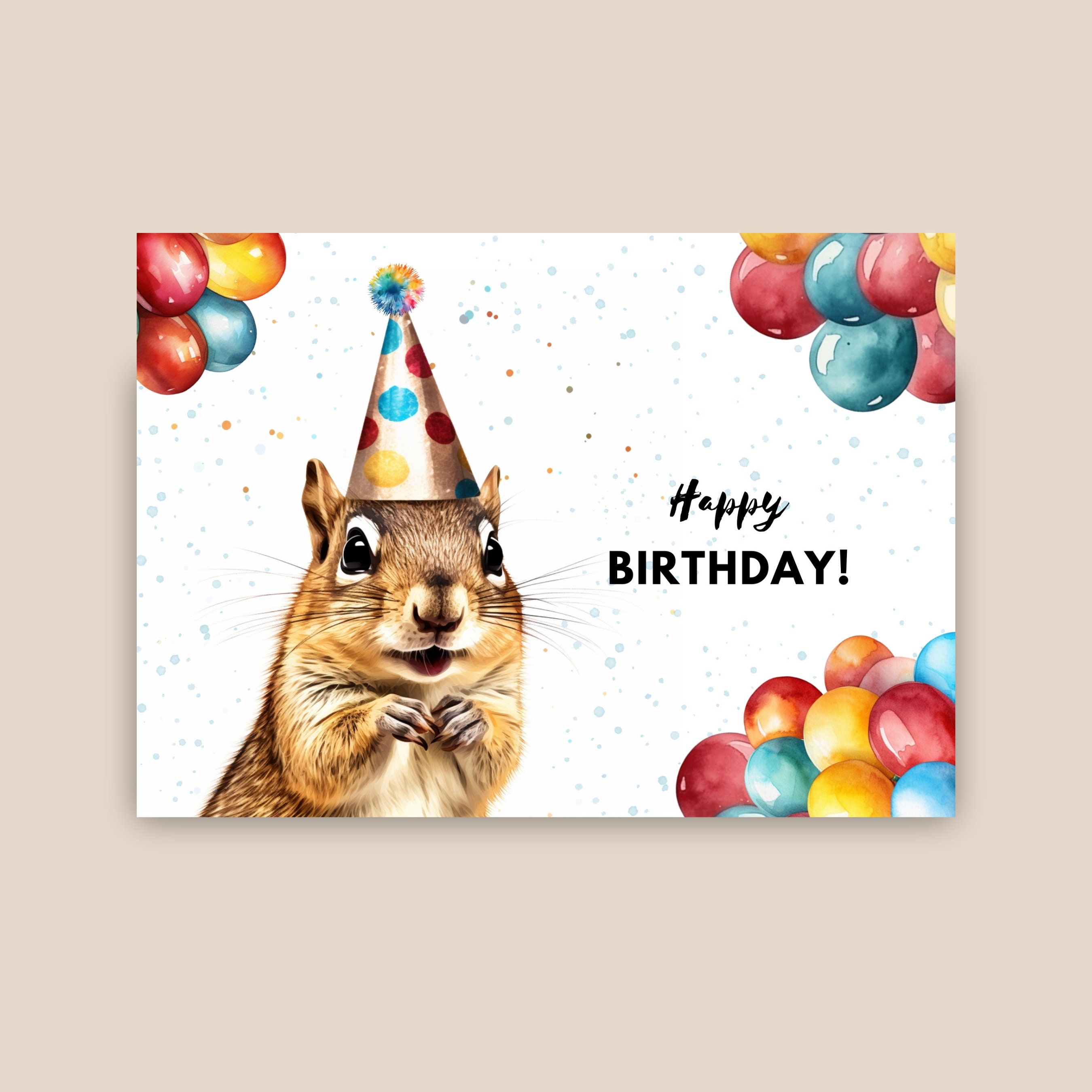Chipmunk Birthday Card, Happy Birthday Party Hat and Balloons, Cute ...