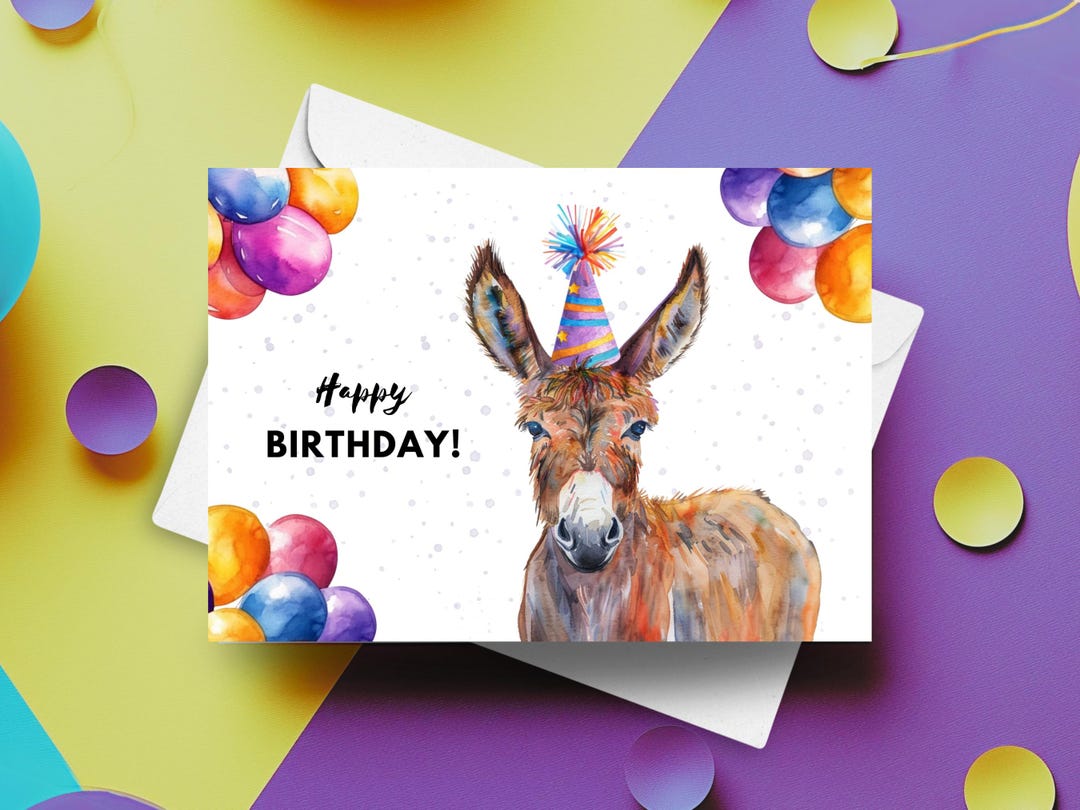 Donkey Birthday Card, Happy Birthday Party Donkey in a Hat and Colorful ...