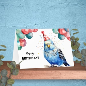 Parakeet Birthday Card, Party Hat and Balloons, Blue Budgie Gift, Pet ...