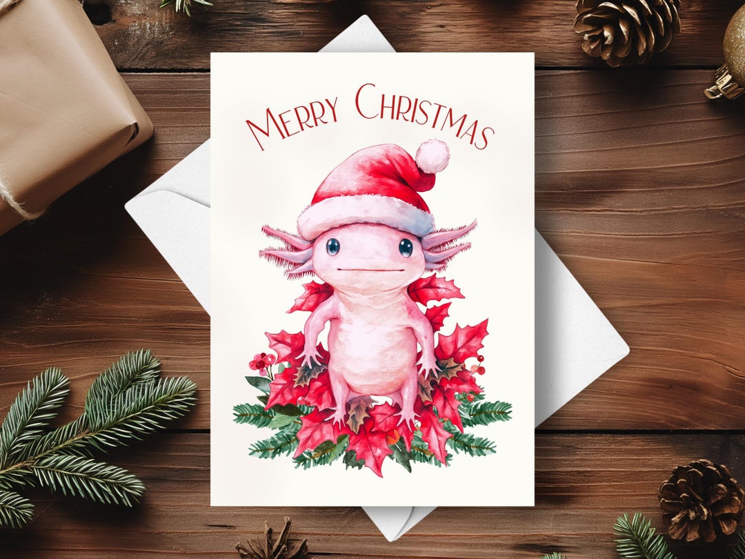Axolotl Christmas Card, Axolotl Wearing a Santa Hat Red Poinsettia ...