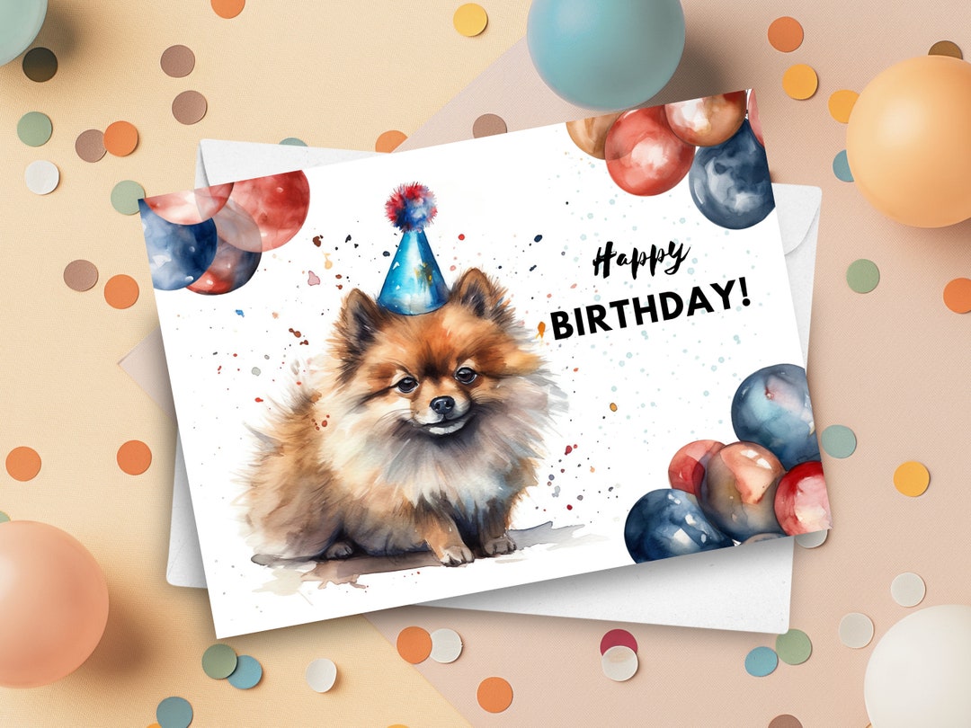 Pomeranian Birthday Card, Happy Birthday Party Hat and Balloons ...