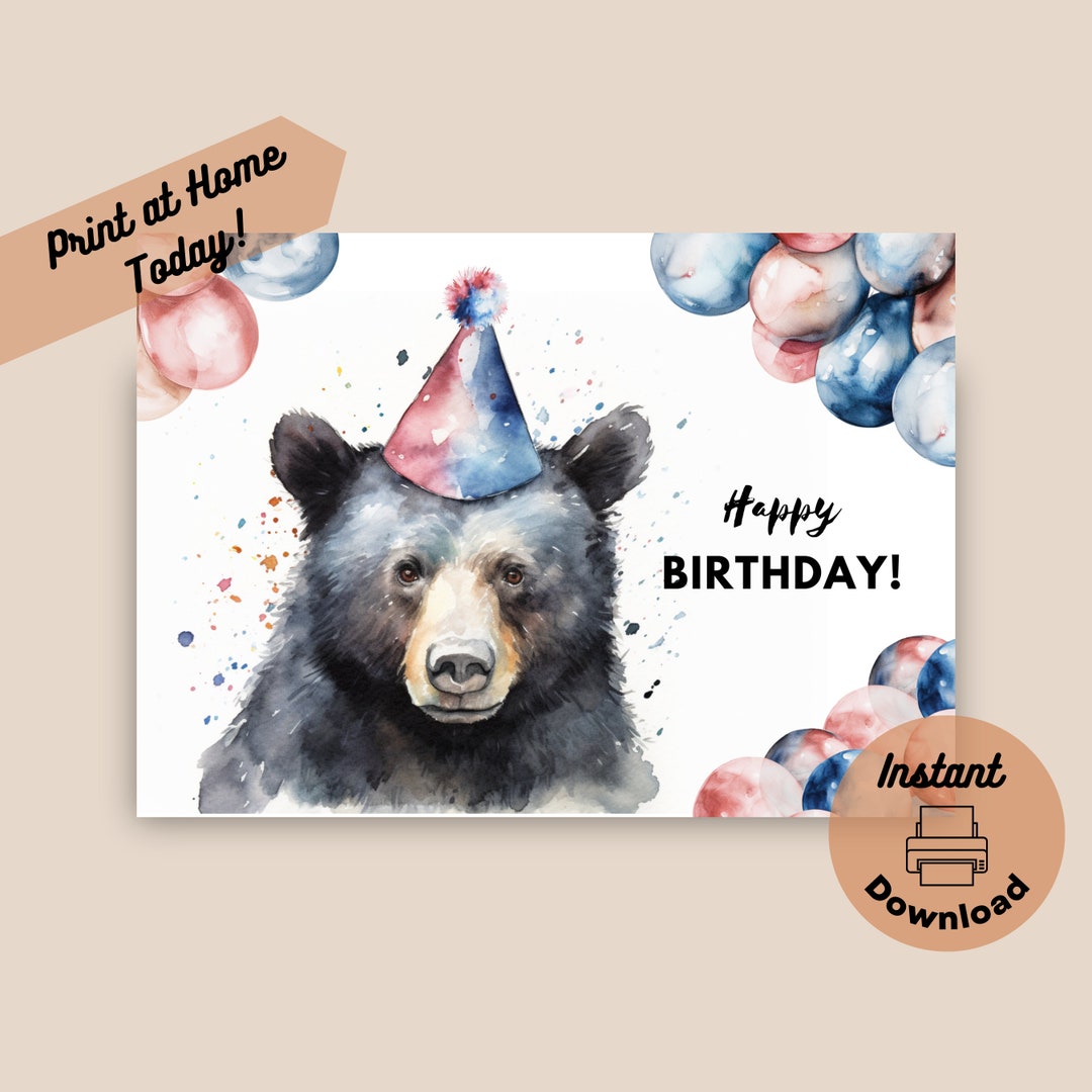 Printable Black Bear Birthday Card, Instant Digital Download Print at ...