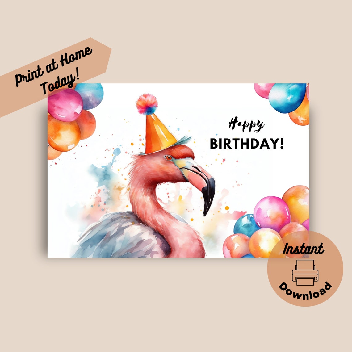 Printable Flamingo Birthday Card, Instant Digital Download Print at ...