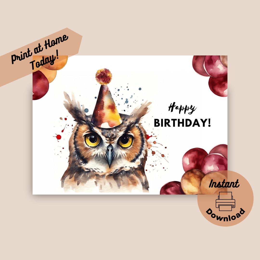Printable Owl Birthday Card Instant Digital Download Print at - Etsy