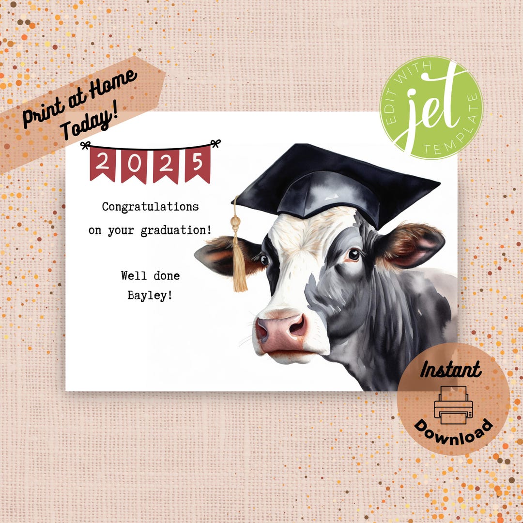 Printable Personalized Cow Graduation Card, Print at Home Editable ...