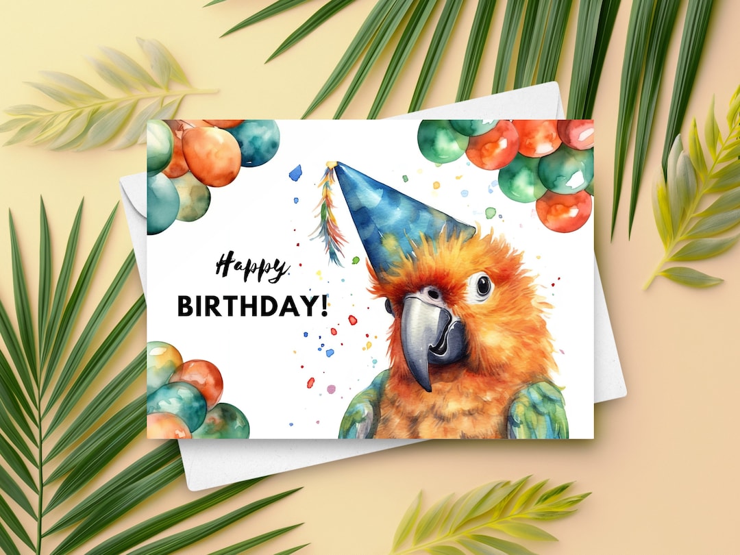 Parrot Birthday Card, Happy Birthday Party Hat, Macaw Bird Gift ...