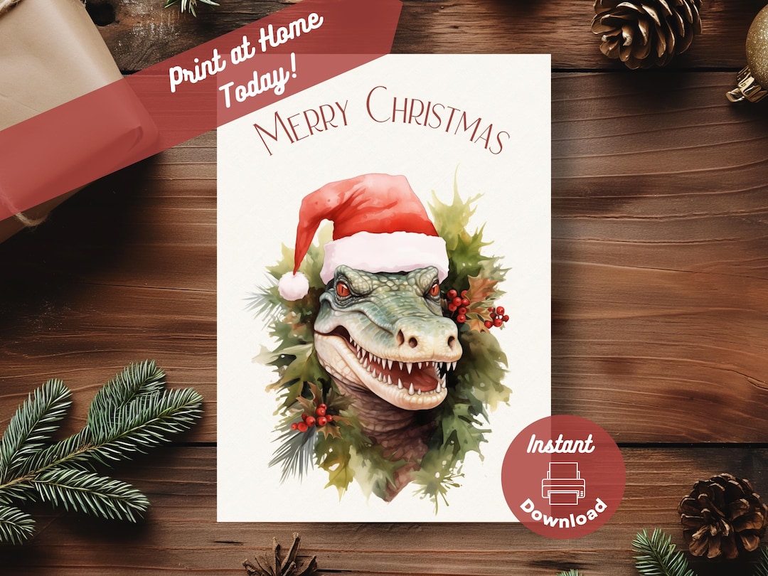 Printable Alligator Christmas Card, Instant Digital Download Print at ...