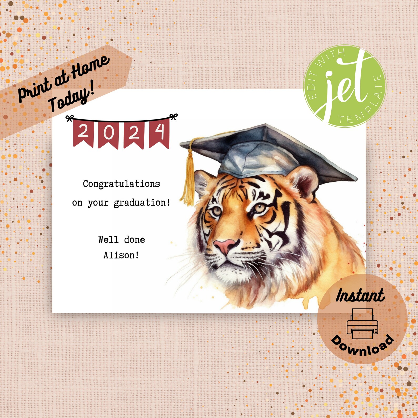 Printable Personalized Tiger Graduation Card, Print at Home Editable ...