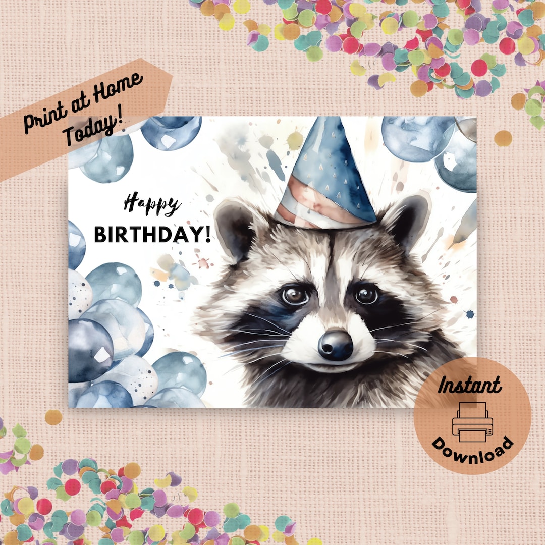 Printable Raccoon Birthday Card, Instant Digital Download Print at Home ...