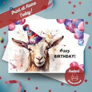 Printable Goat Birthday Card, Instant Download, Print at Home Card ...