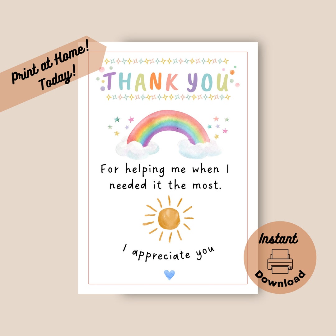 Printable Rainbow Thank You Card Instant Download Print at - Etsy