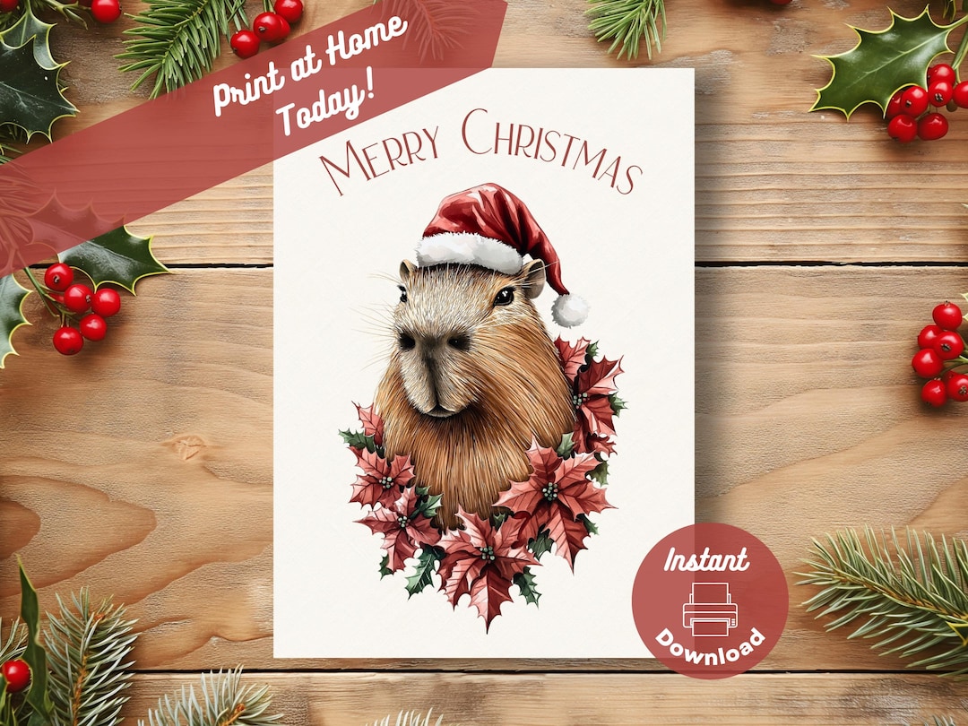 Printable Capybara Christmas Card, Instant Digital Download Print at ...