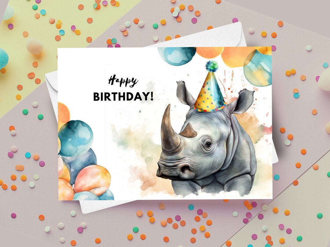 Rhino Birthday Card With Party Hat, Happy Birthday, Rhinoceros Gift ...