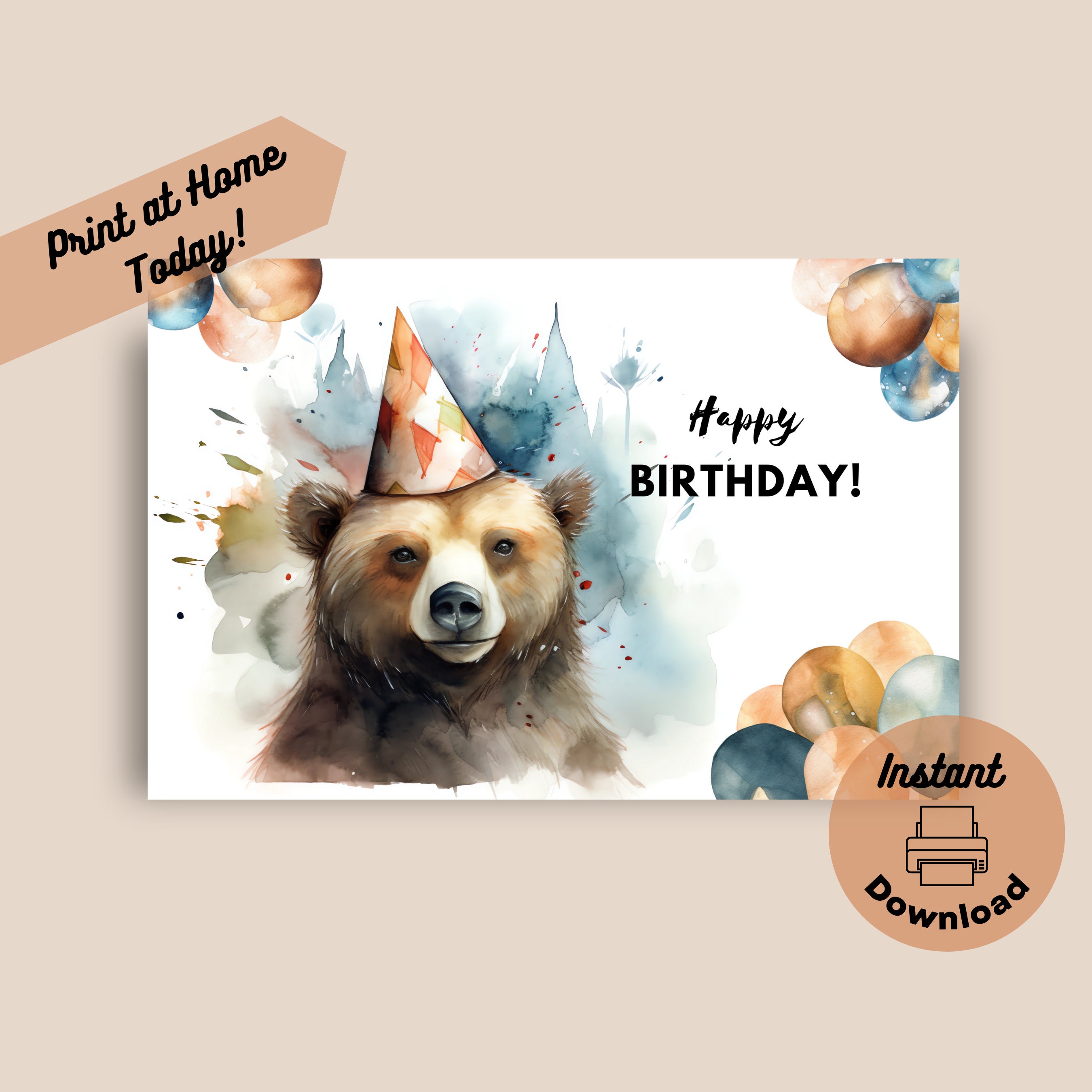 Printable Bear Birthday Card Instant Digital Download Print - Etsy