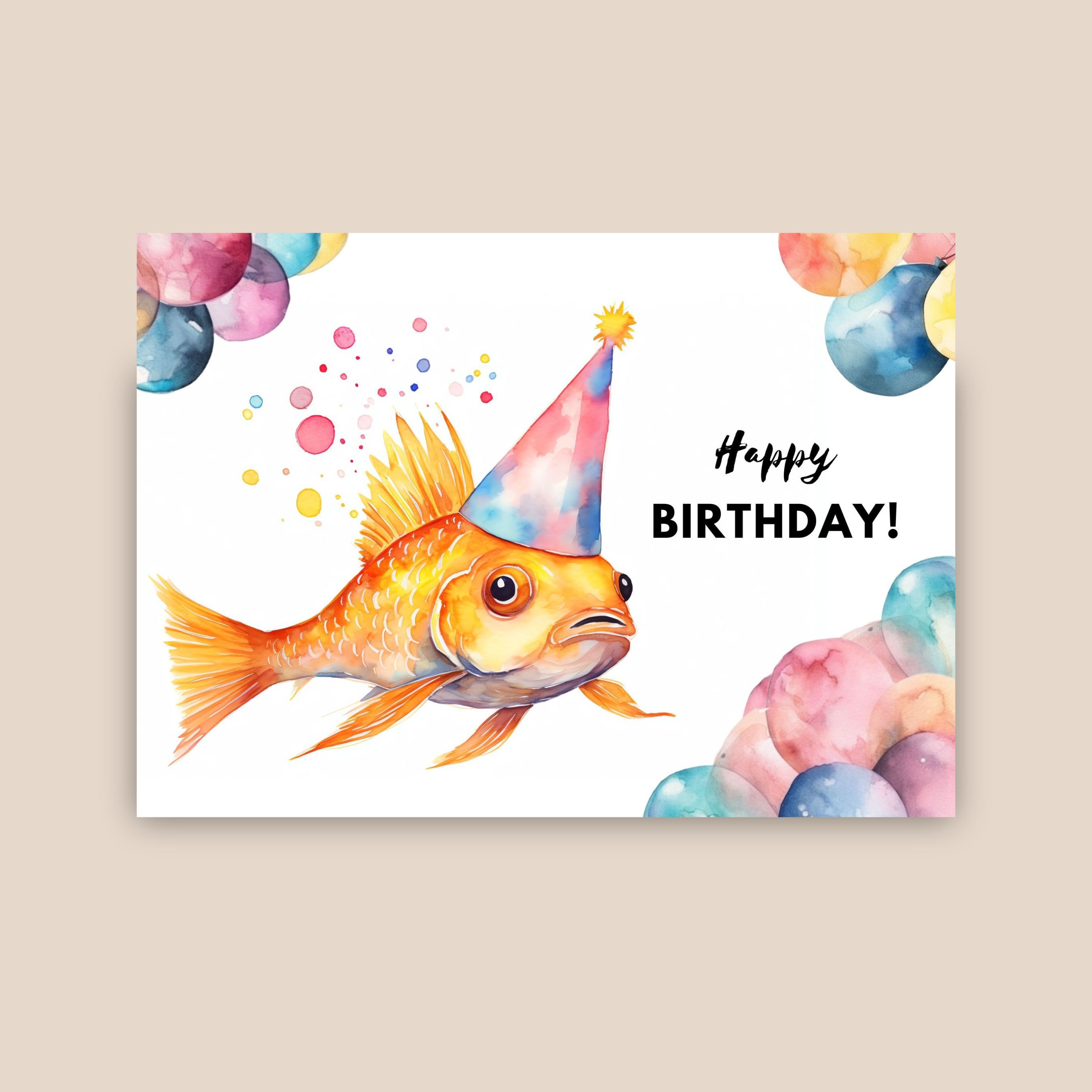 Koi Fish Birthday Card, Happy Birthday Party Hat and Balloons, Koi Fish Original Art, From ...