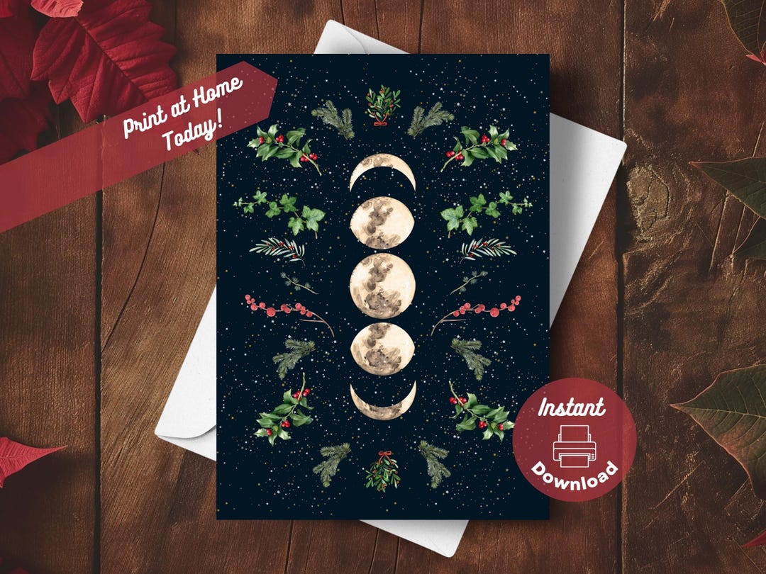 Printable Moon Phases Holiday Card, Celestial Winter Solstice Card ...