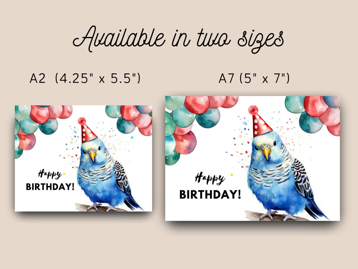 Parakeet Birthday Card, Party Hat and Balloons, Blue Budgie Gift, Pet ...