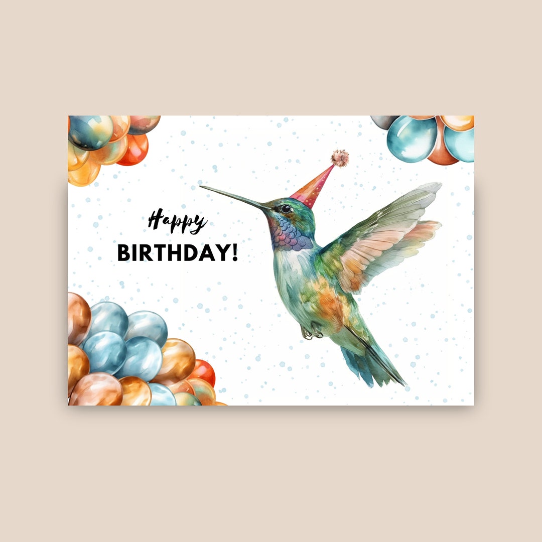Hummingbird Birthday Card, Happy Birthday Party Hat and Balloons ...
