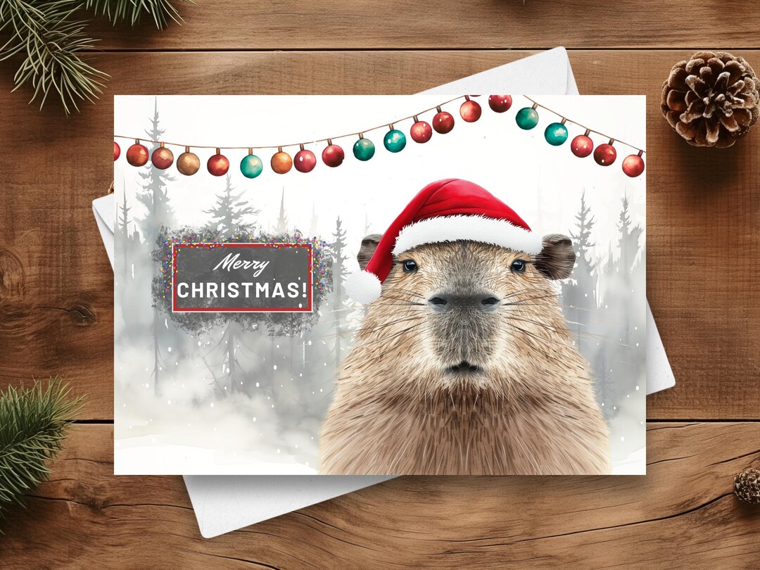 Capybara Christmas Card, Merry Christmas Capybara Wearing A Santa Hat ...