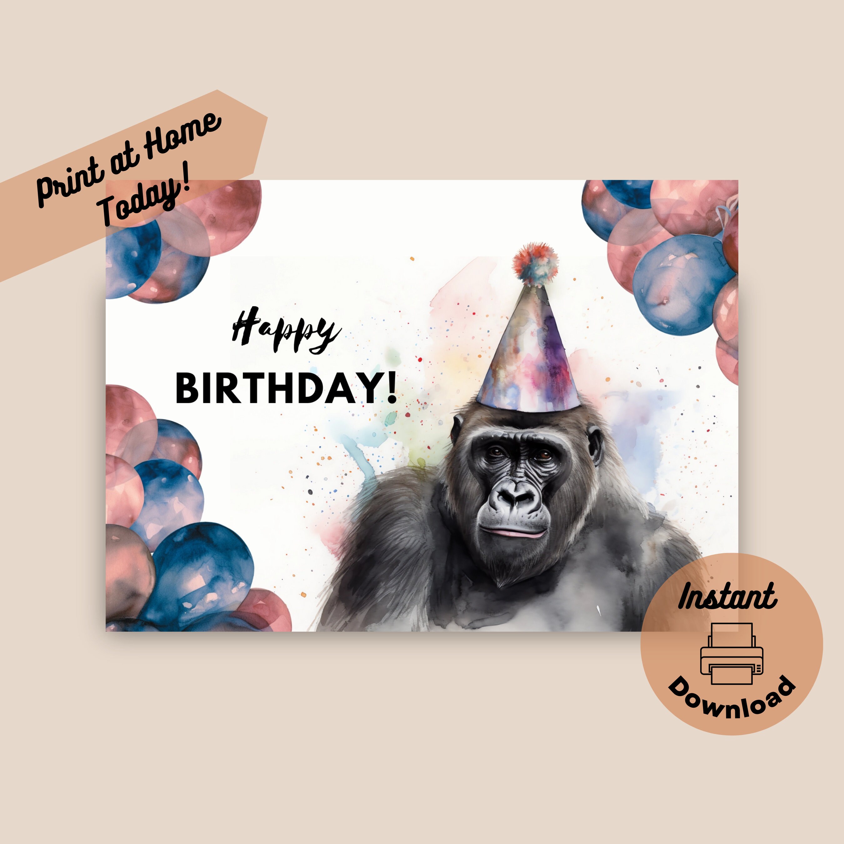 Printable Gorilla Birthday Card Instant Download Print at - Etsy