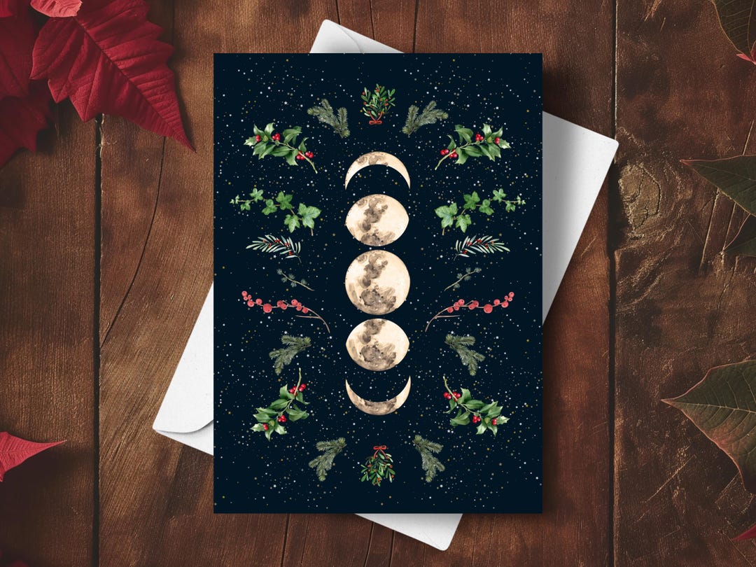 Moon Phases Holiday Card, Celestial Winter Solstice Card Witchy Pagan ...