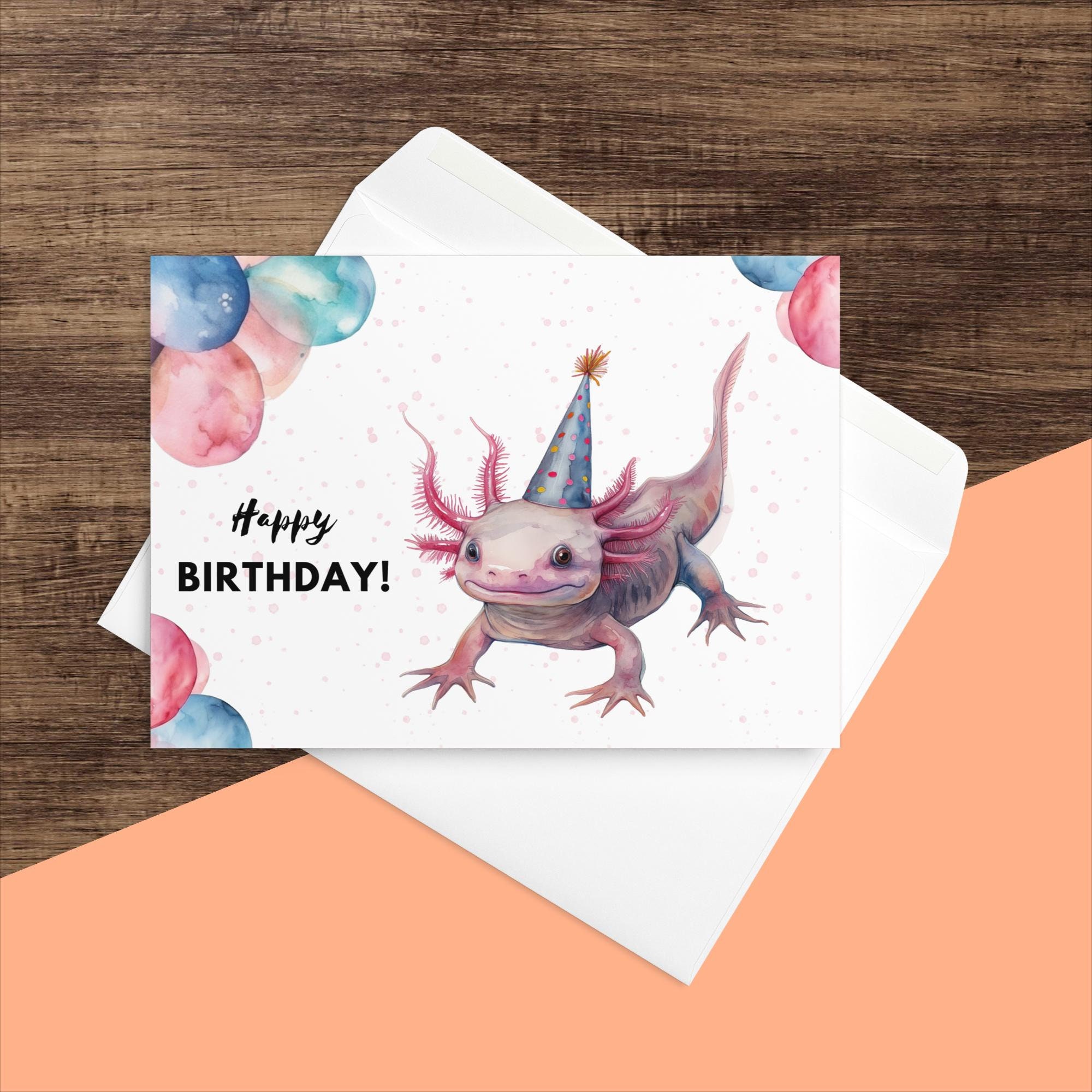 Axolotl Birthday Card, Happy Party Hat Greeting, Endangered Amphibian ...