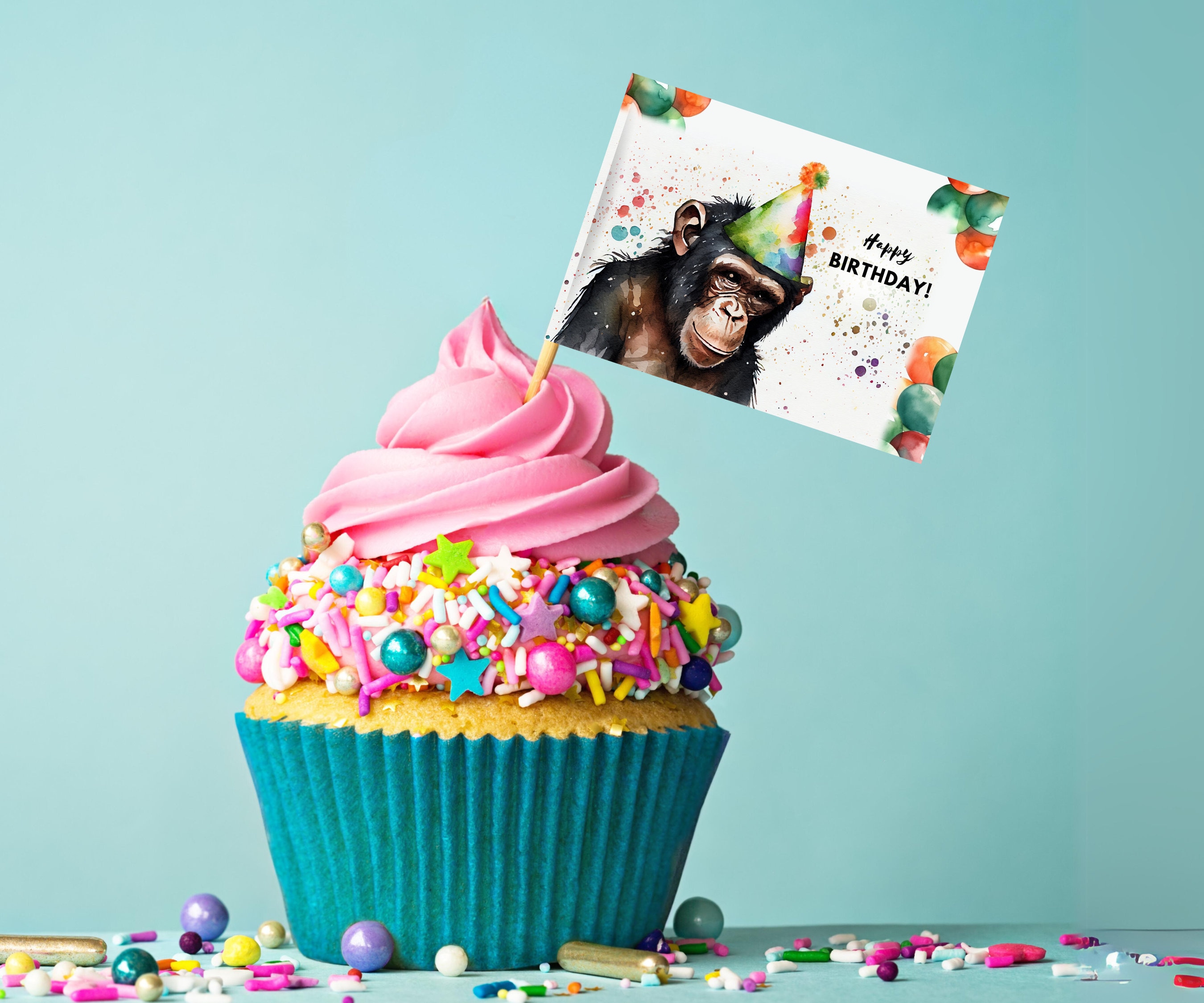 Printable Chimpanzee Birthday Cupcake Topper, Instant Download Print at ...