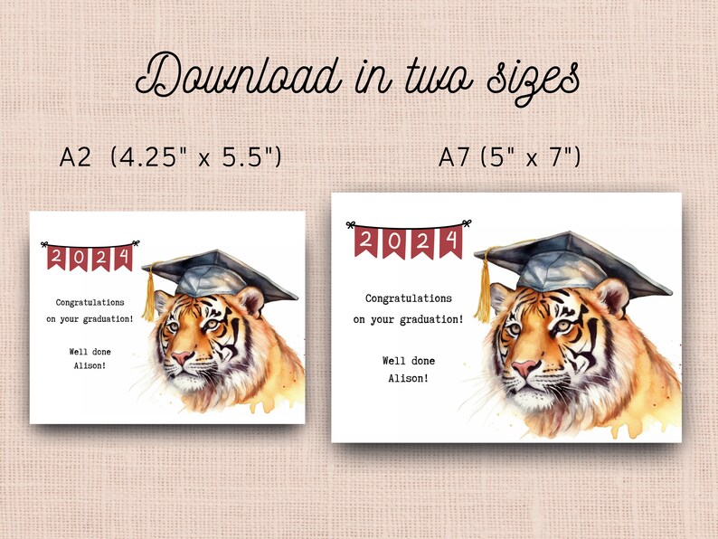 Printable Personalized Tiger Graduation Card, Print at Home Editable ...