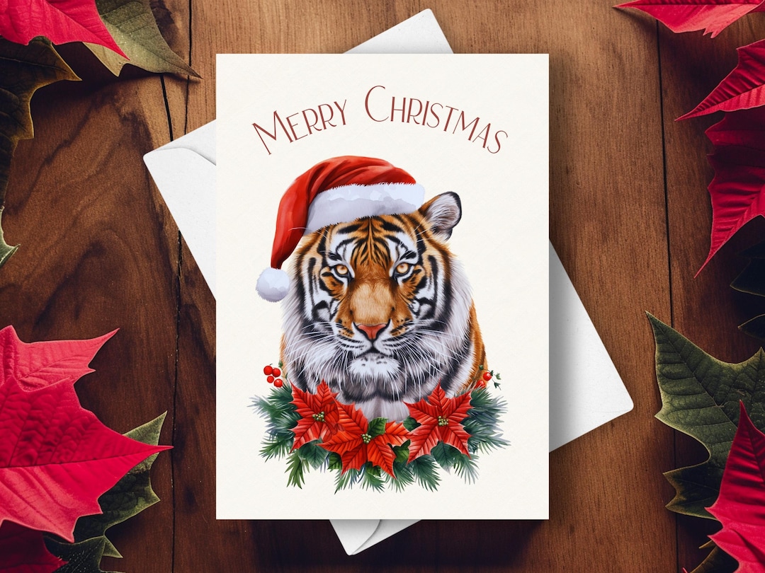 Tiger Christmas Card, Wearing A Santa Hat and Red Poinsettia Garland ...