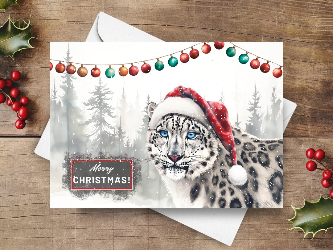 Snow Leopard Christmas Card, Merry Christmas Snow Leopard Santa Hat in ...