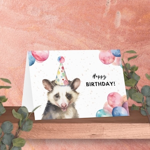 Opossum Birthday Card, Happy Birthday Party Hat Greeting, Wildlife Gift ...