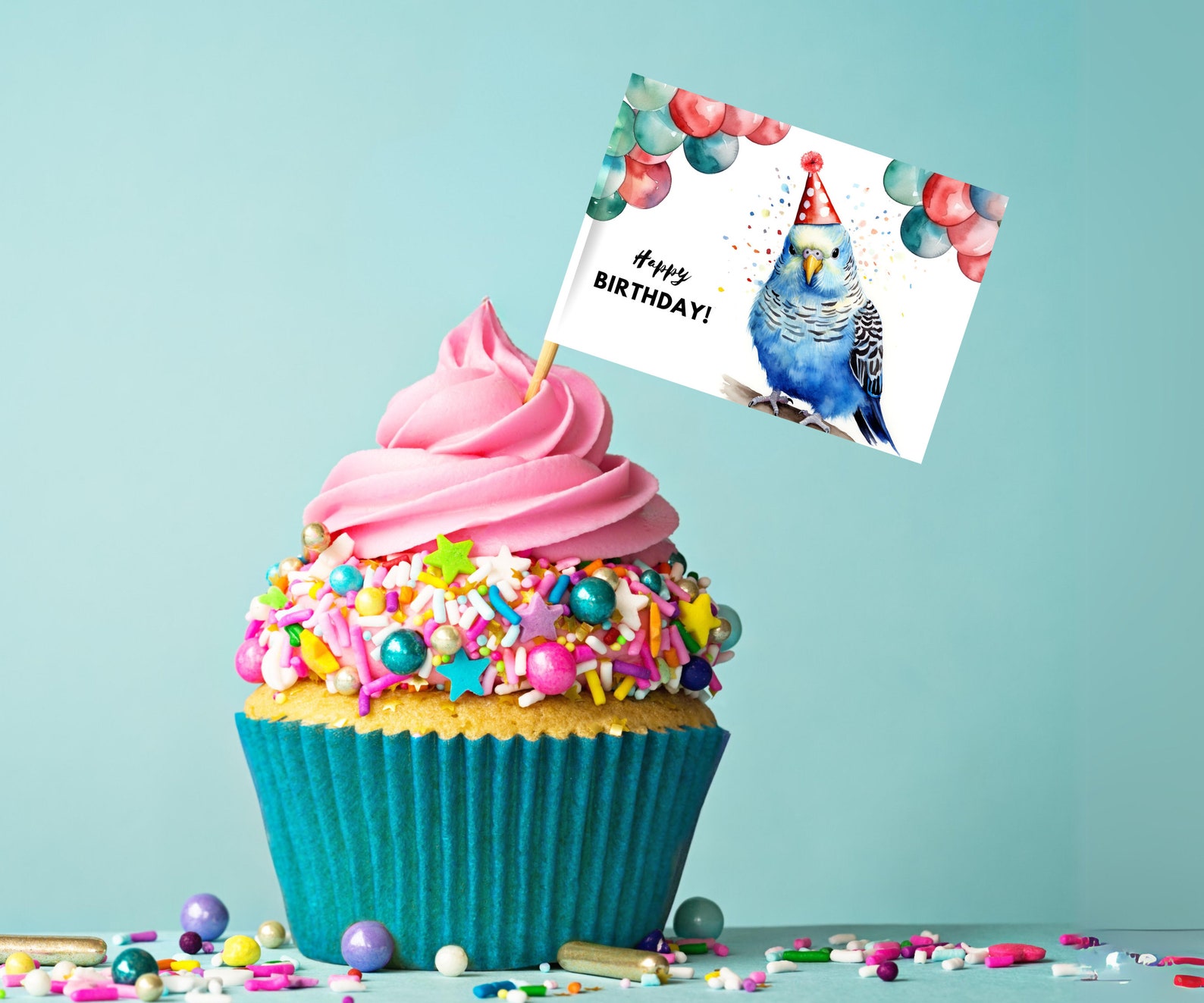 Printable Parakeet Birthday Cupcake Topper, Instant Download Print at ...