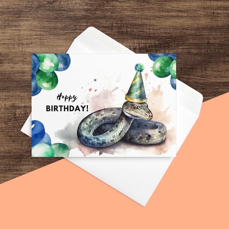 Snake Birthday Card, Birthday Party Hat and Balloons, Green Snake ...